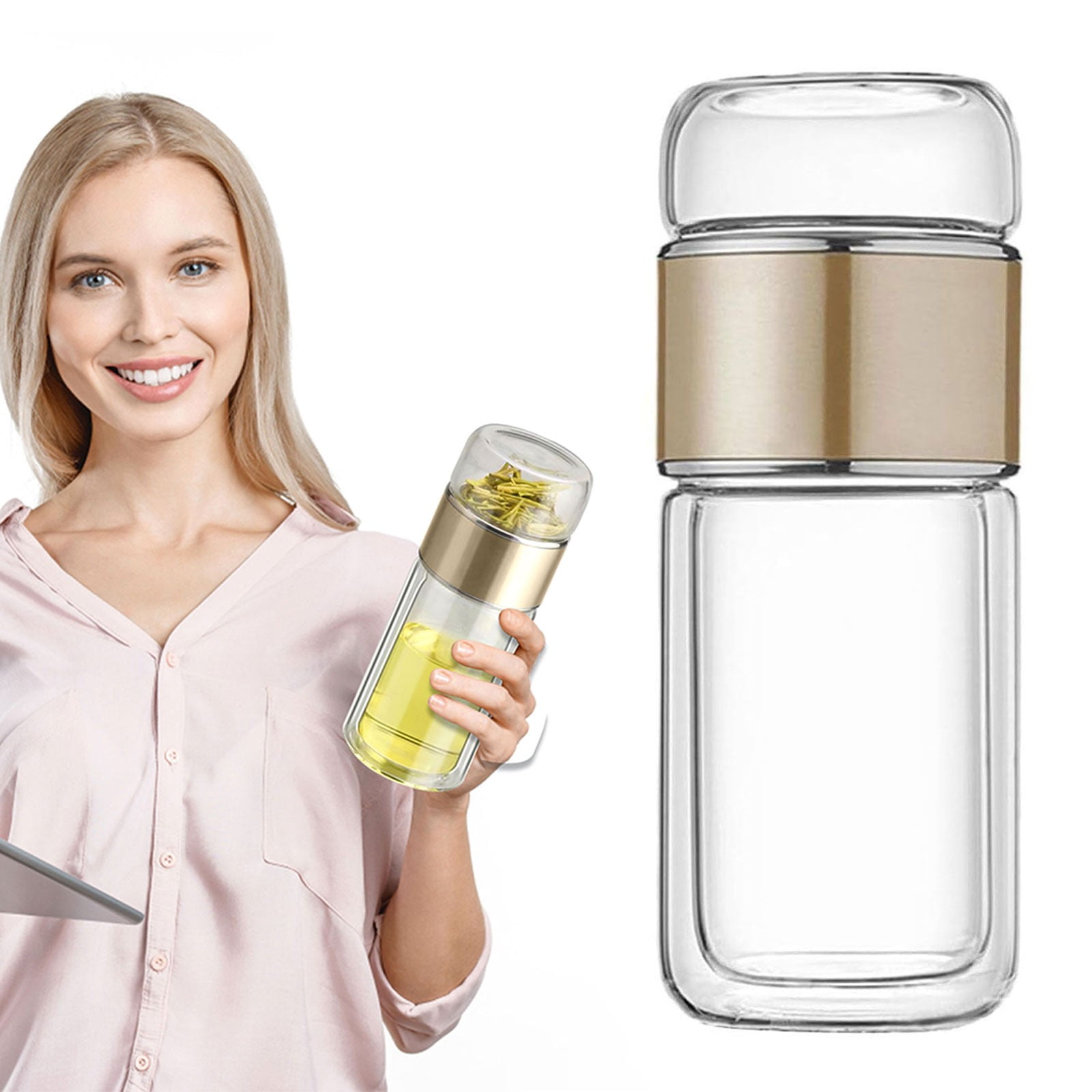Double-Layer Glass Tea Bottle (Champagne Gold, 280Ml),Infusifie Tea ...