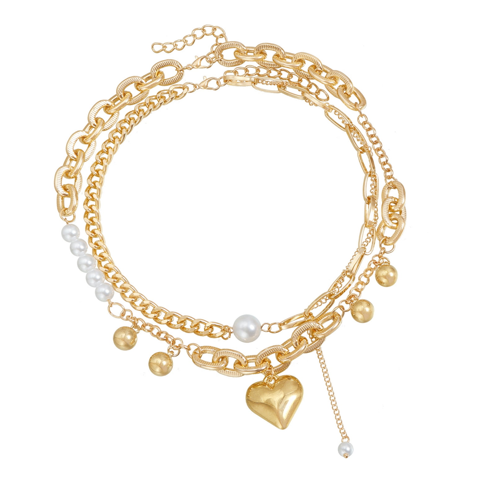 Double Layer Heart Pendant Necklace Adjustable Chain Alloy Imitation ...