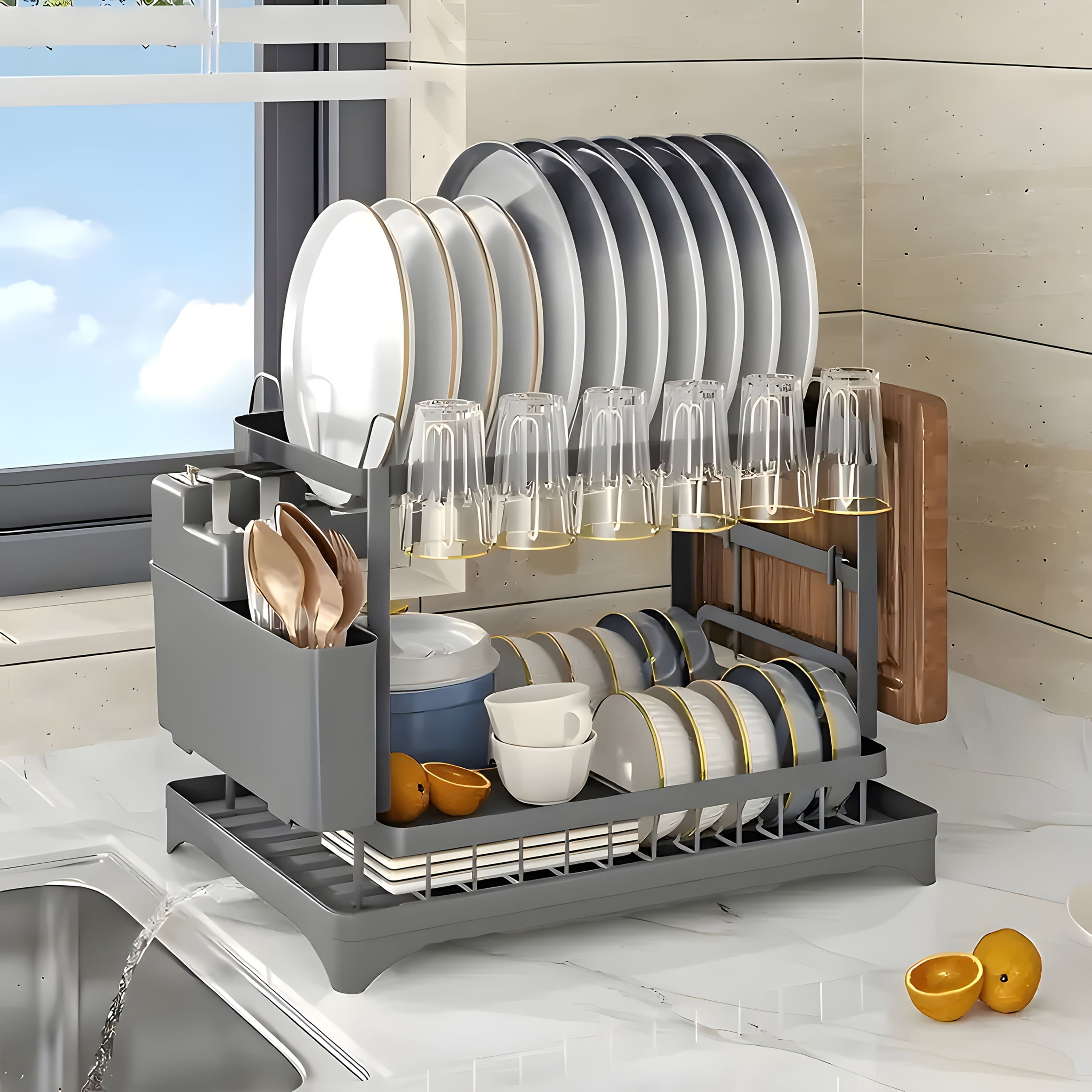 Double-Layer Heavy-Duty Metal Dish Drying Rack with Drainage Tray ...