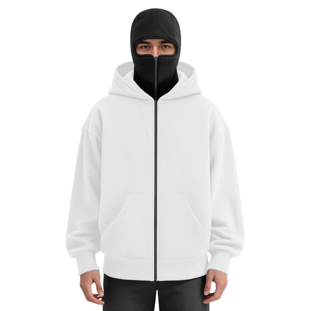 Double Layer Hoodie with Face Cover Full Zipper Men Windproof Jacket ...
