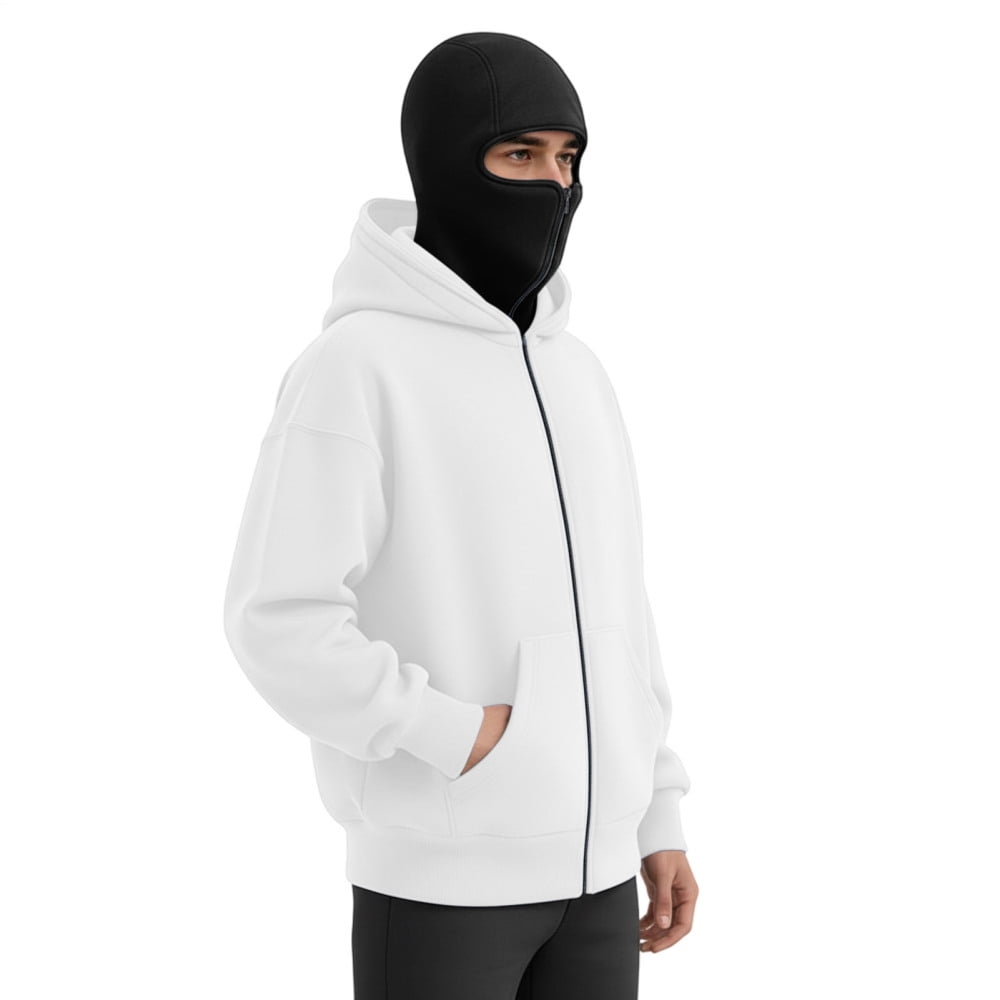 Double Layer Hoodie with Face Cover Full Zipper Men Windproof Jacket ...