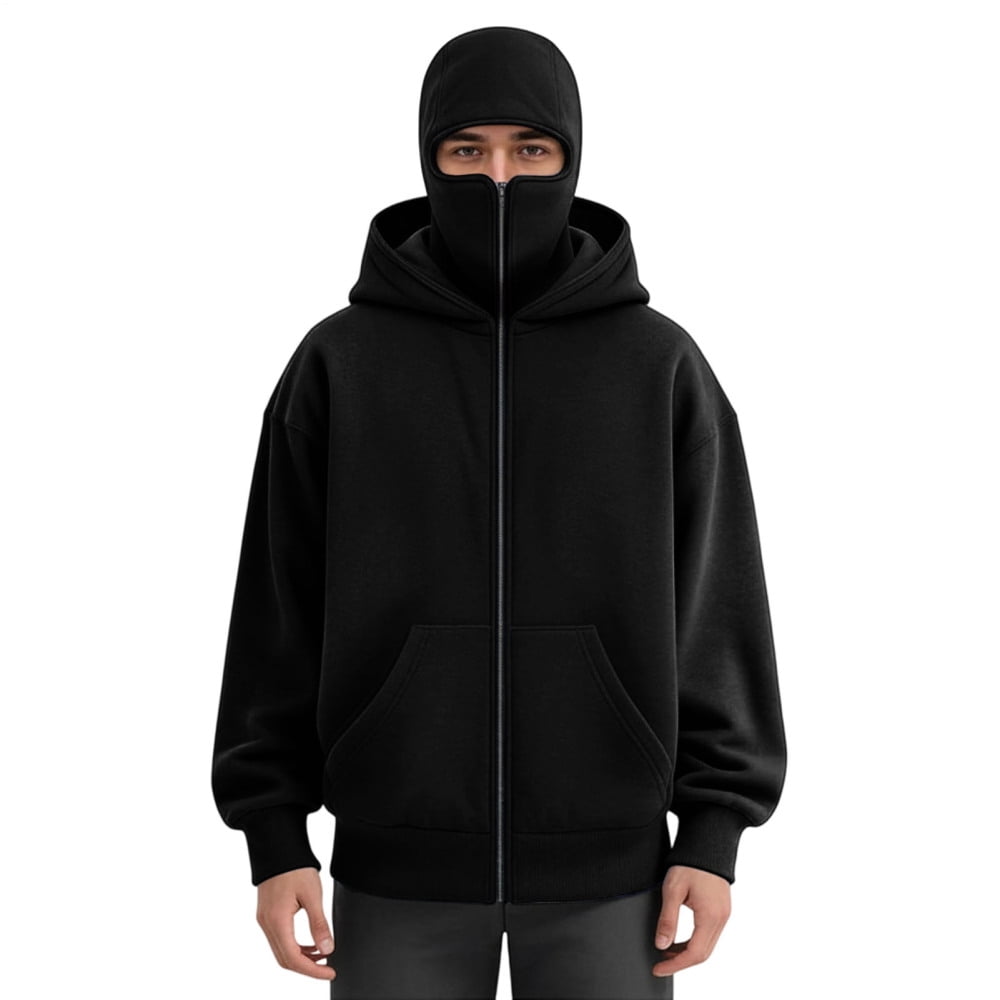 Double Layer Hoodie with Face Cover Full Zipper Men Windproof Jacket ...