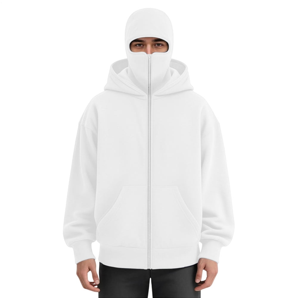 Double Layer Hoodie with Face Cover Full Zipper Men Windproof Jacket ...