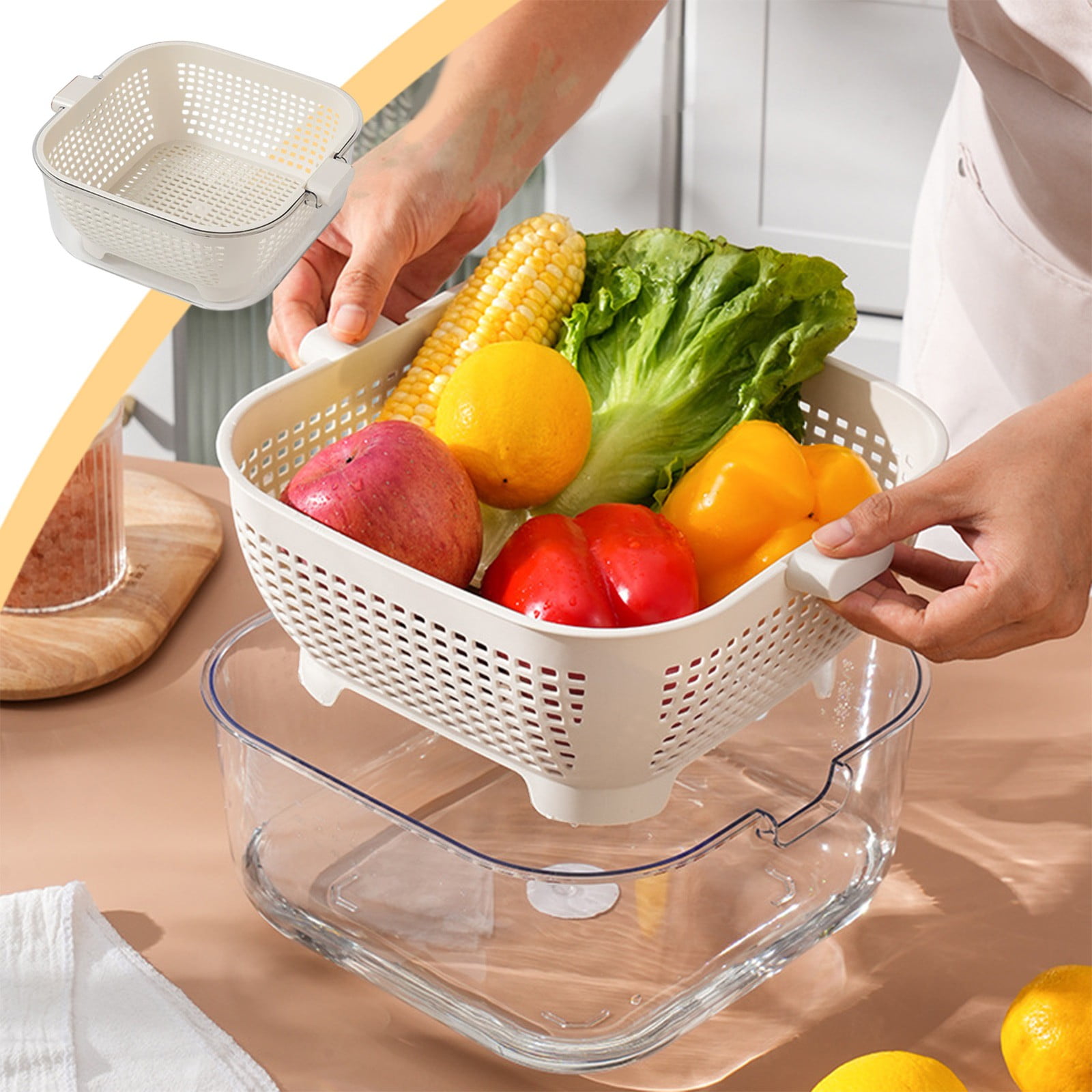 Double Layer Kitchen Drainer Basket, Stainless Steel Fruit Vegetable ...