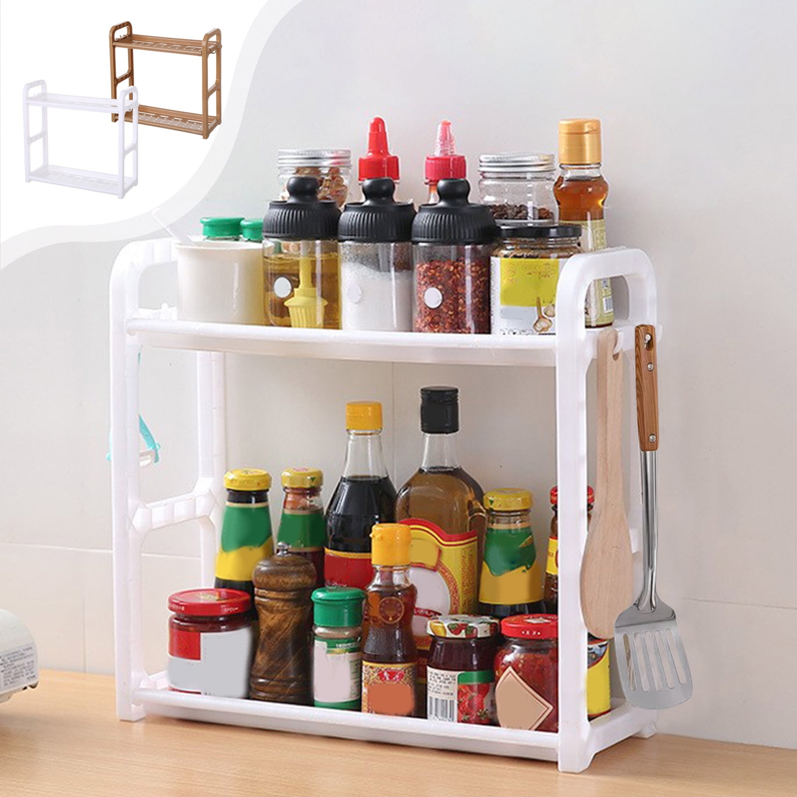 Double Layer Kitchen Storage Rack With Tool Holder - Durable Plastic ...