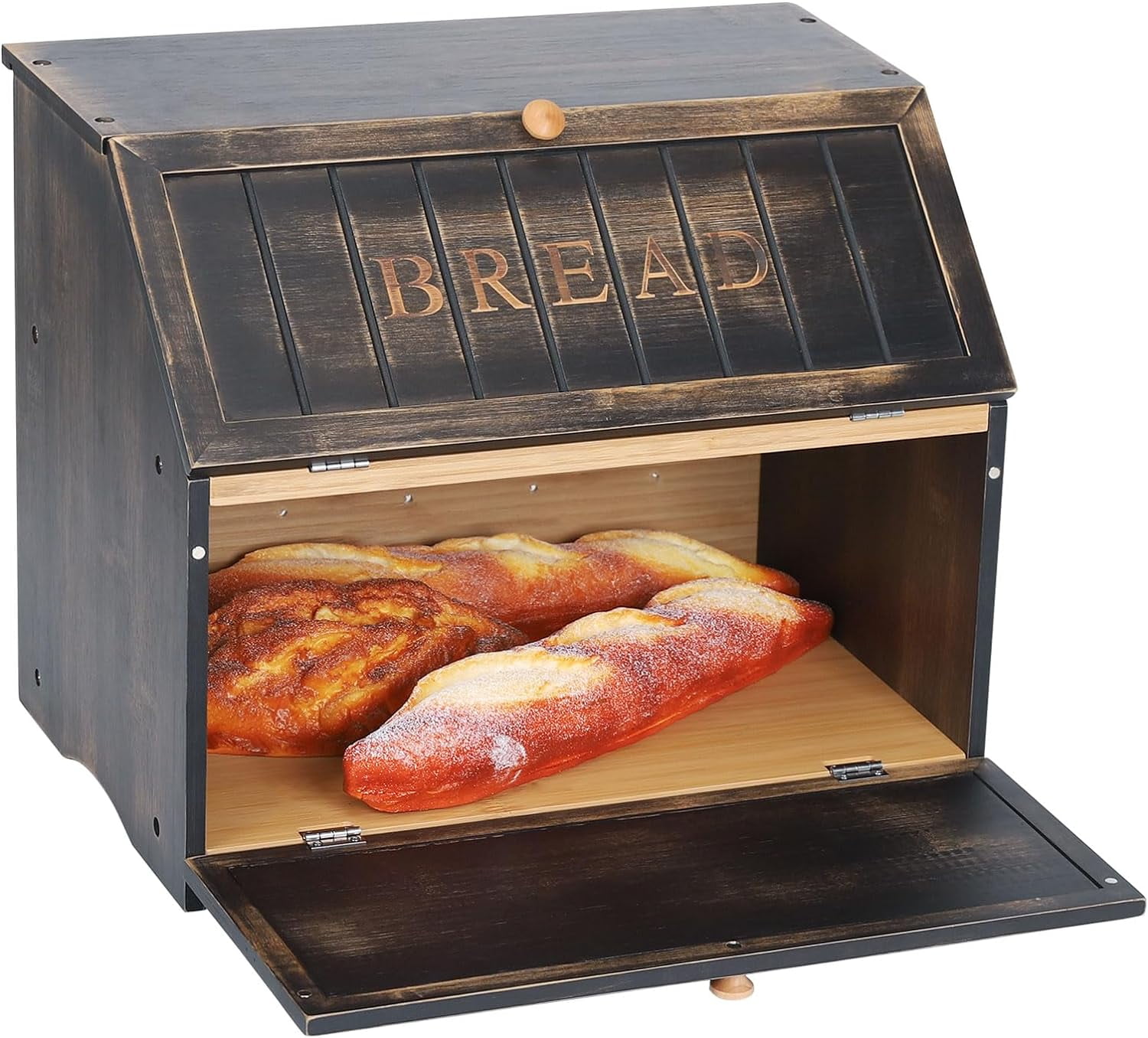 Double Layer Large Bread Box for Kitchen Counter, Retro Design Wooden ...