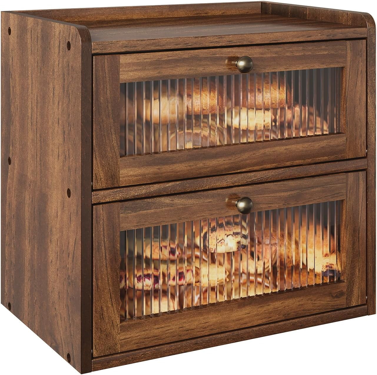 Double Layer Large Bread Box for Kitchen Counter, Wooden Corner Bread ...