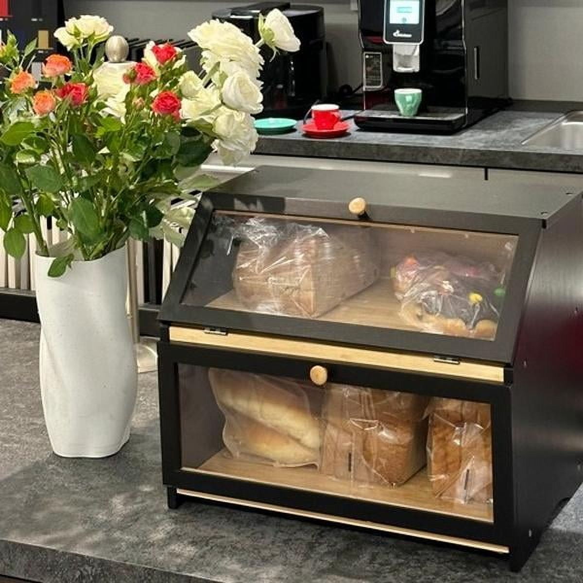Double Layer Large Capacity Bread Box for Kitchen Counter, Wooden Bread ...