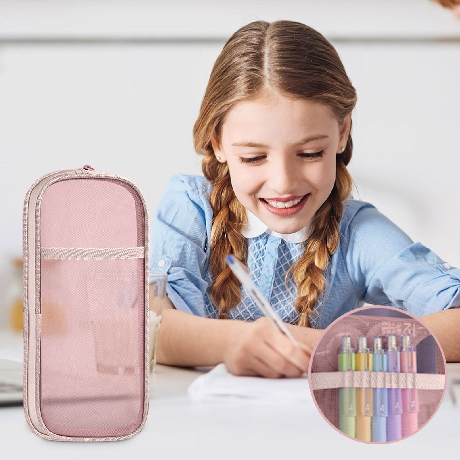 Double-Layer Mesh Pencil Case Large Capacity Transparent Stationery Bag ...