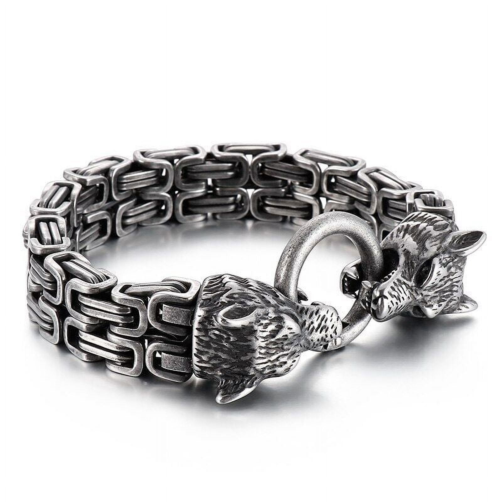 Double Layer Metal Wolf Head Bracelet Mens Stainless Steel Byzantine ...