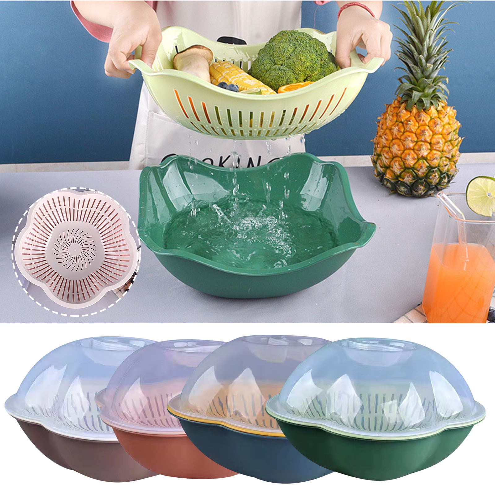 Double Layer Plastic Fruit and Vegetable Wash Basin with Cover Draining ...