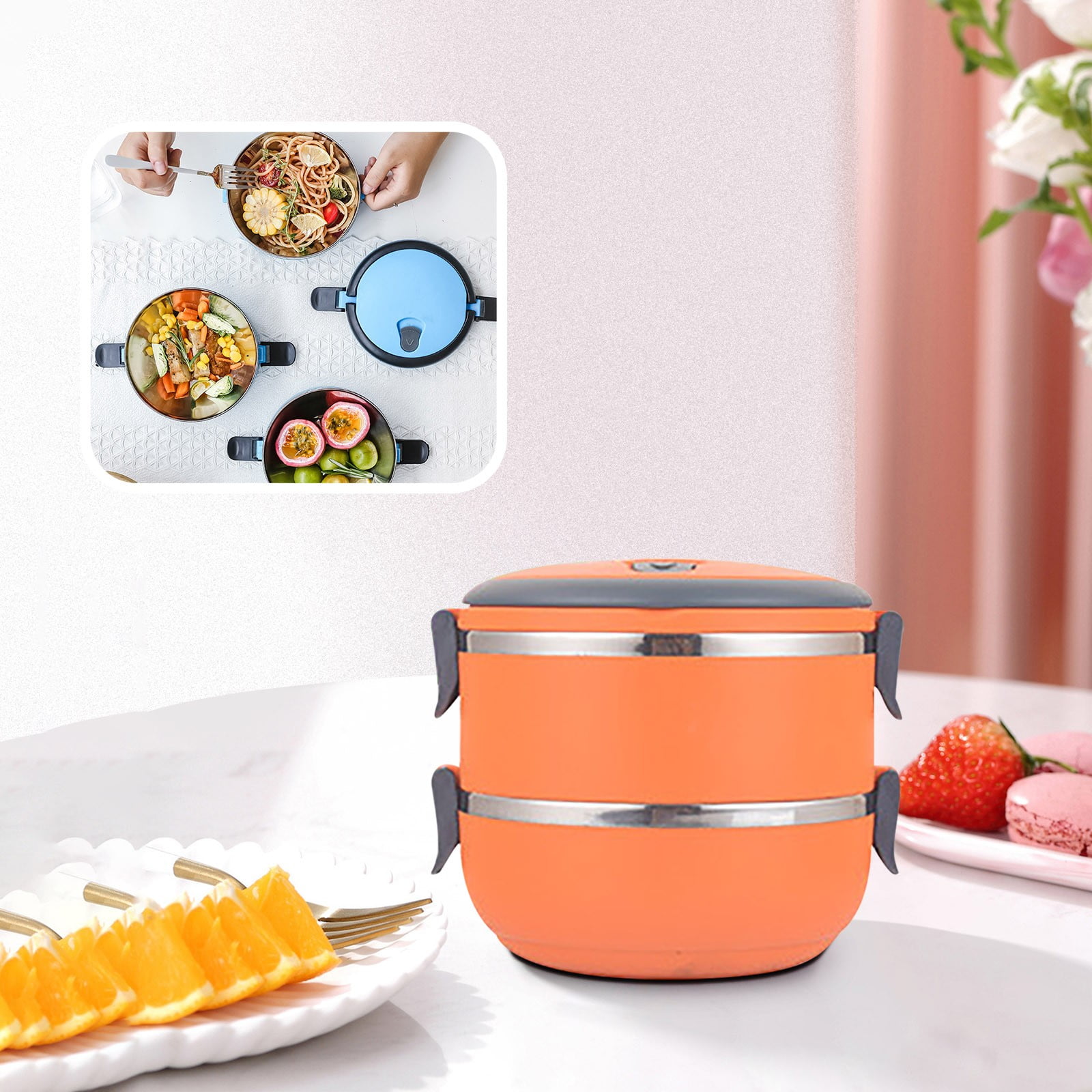 Double-Layer Portable Lunch Box Circular Stainless Steel Insulated Food ...