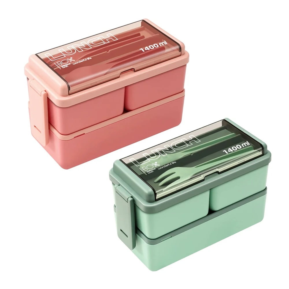 Double Layer Portable Lunch Box With Fork And Spoon Microwave Bento ...