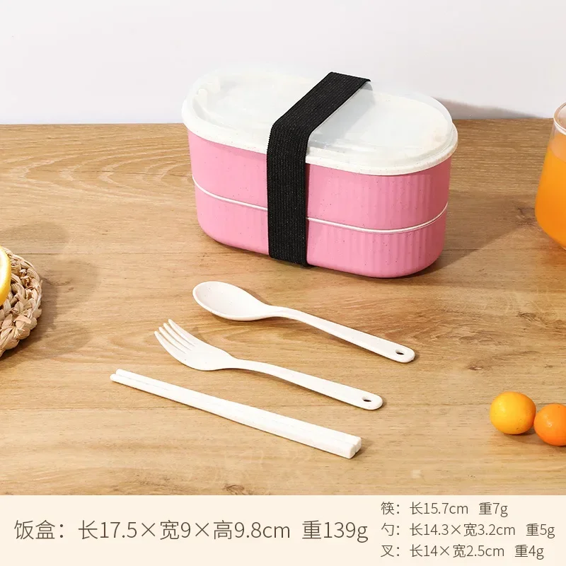 Double Layer Portable Lunch Box with Fork and Spoon Microwave Bento ...