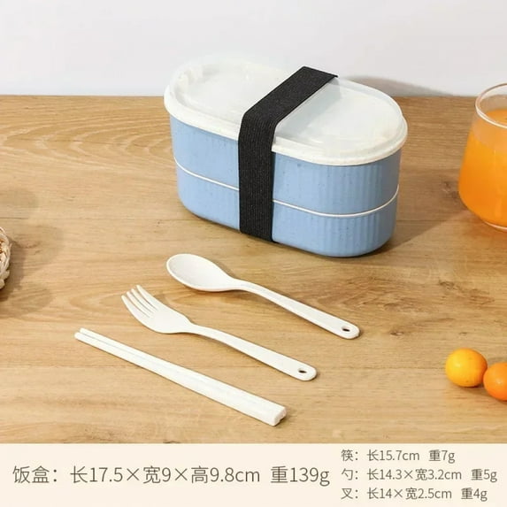 Double Layer Portable Lunch Box with Fork and Spoon Microwave Bento ...