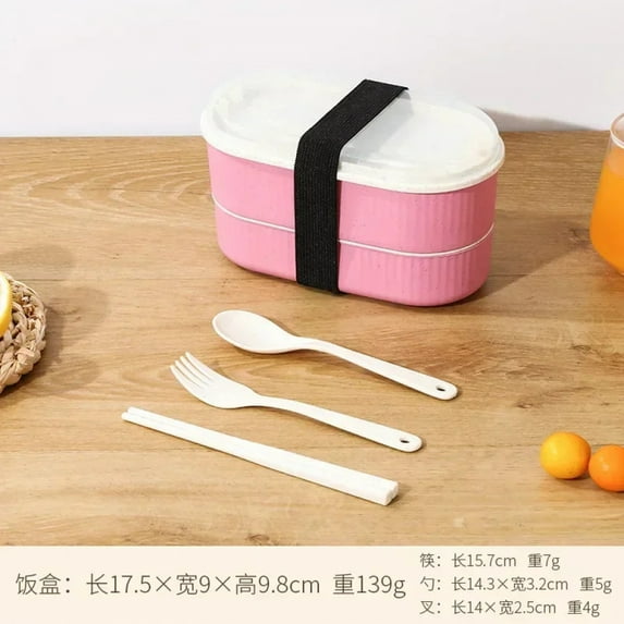 Double Layer Portable Lunch Box with Fork and Spoon Microwave Bento ...