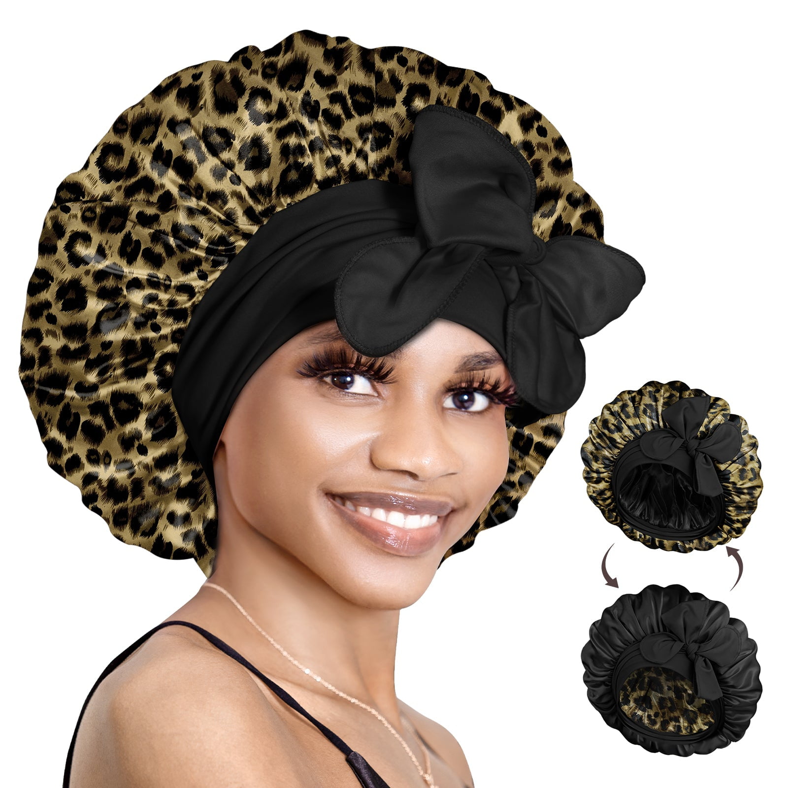 Double Layer Reversible Silky Satin Bonnet with Tie Band Leopard ...