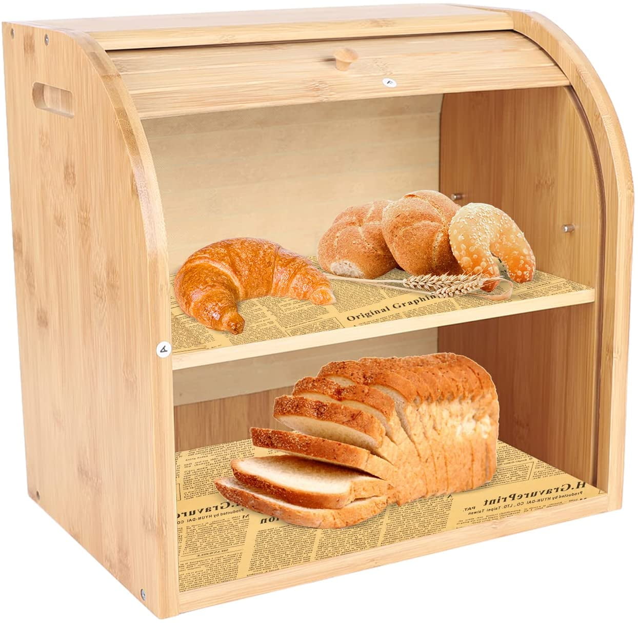 Double Layer Roll Top Bread Box for Kitchen Counter, 2-Tier Wooden ...