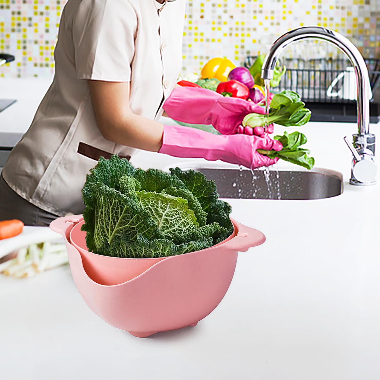 Double Layer Rotating Drain Basket for Washing Vegetables, Fruits, and ...
