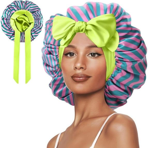Double Layer Silk Bonnet with Tie Satin Lined Sleep Cap Hair Cover for ...