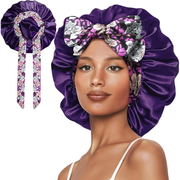 Double Layer Silk Bonnet with Tie Satin Lined Sleep Cap Hair Cover for ...