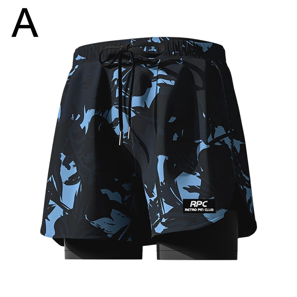 Double Layer Sports Swim Shorts for Men, Polyester Spandex Blend ...