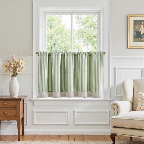Double Layer Striped Linen Kitchen Tier Curtain Rustic Cafe for Living ...