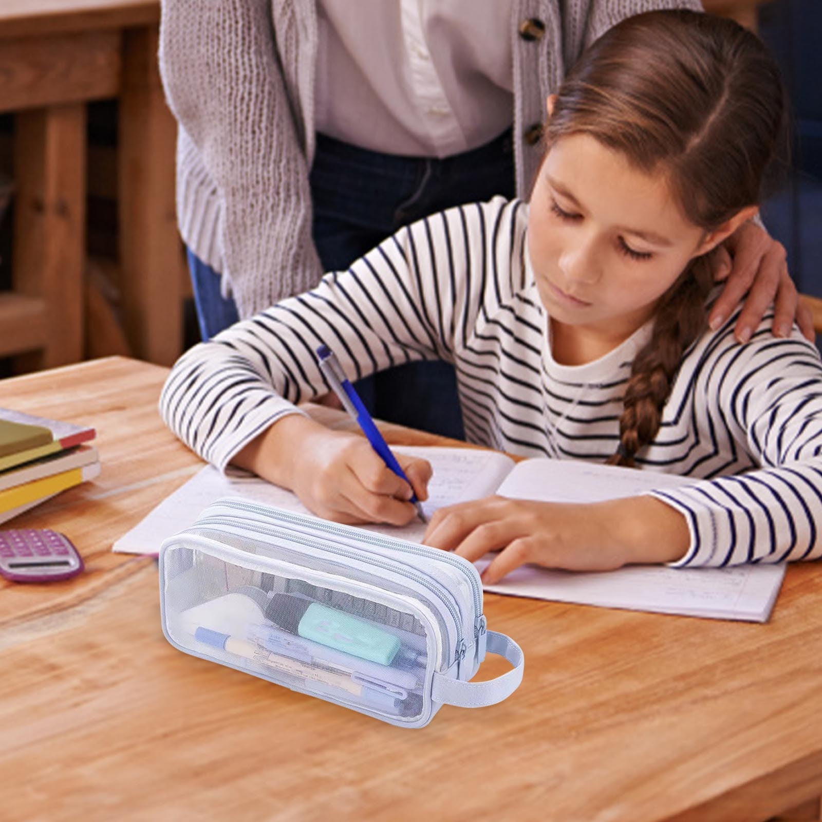 Double Layer Transparent Mesh Pencil Case, Large Capacity Zipper ...