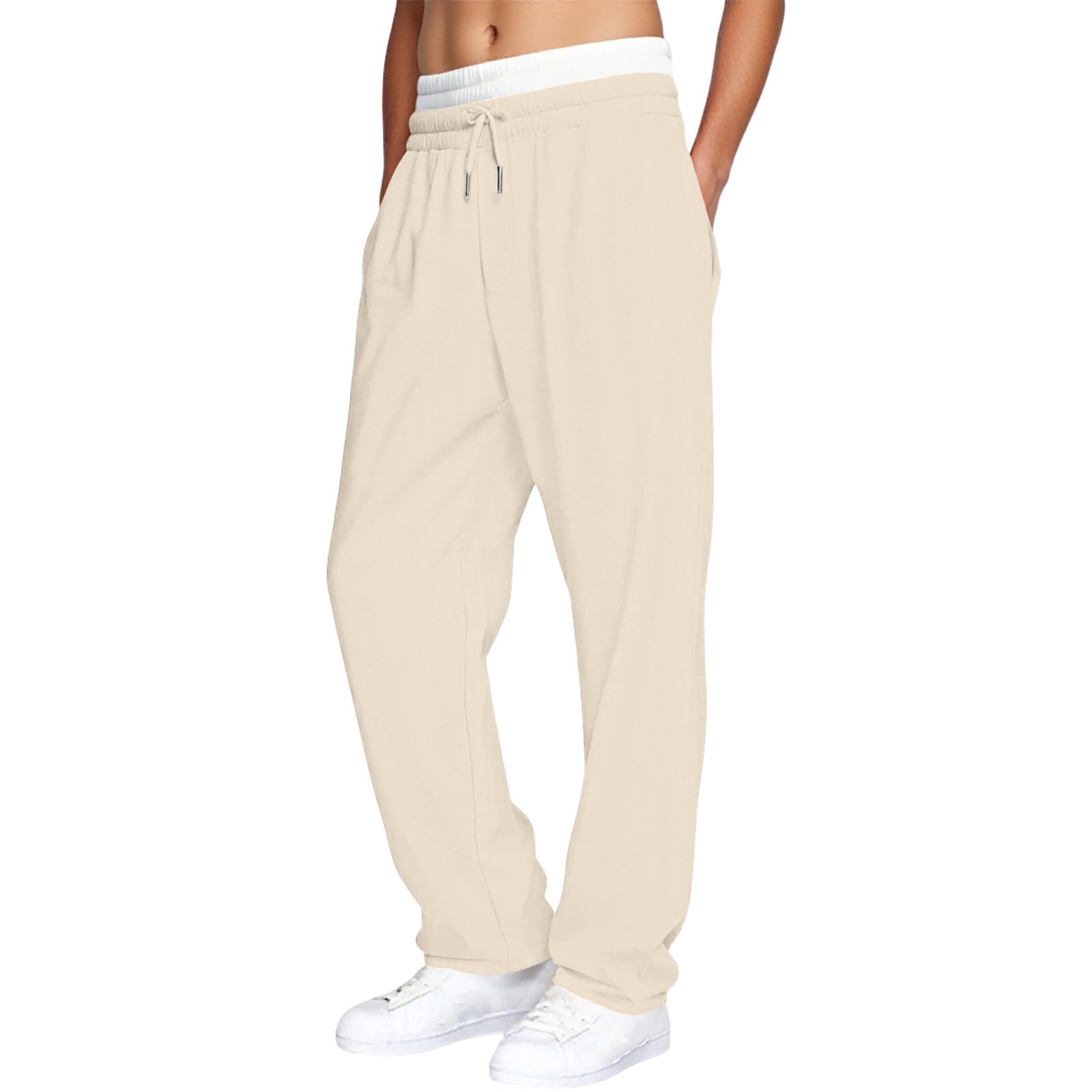 Double-Layer Waist Straight-Leg Solid Color Sweatpants, Casual Pants ...