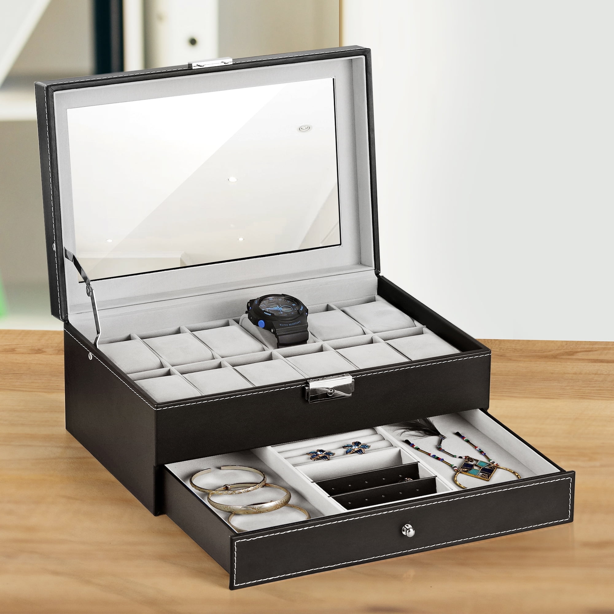 Double Layer Watch & Jewelry Organizer Box with 12 Watch Slots – Faux ...