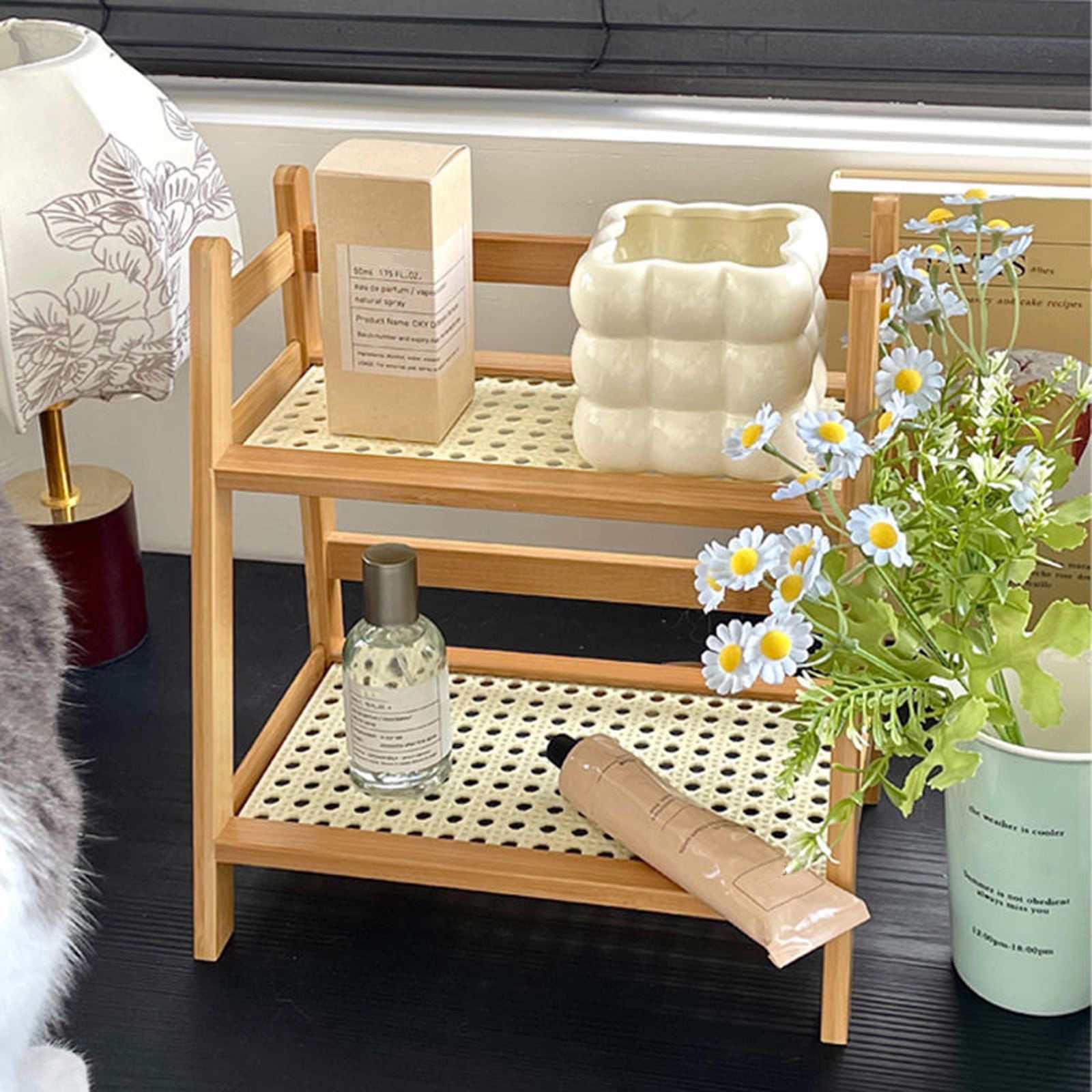 Double Layer Wooden Desktop Storage Rack, Beige Organizer Shelf for ...