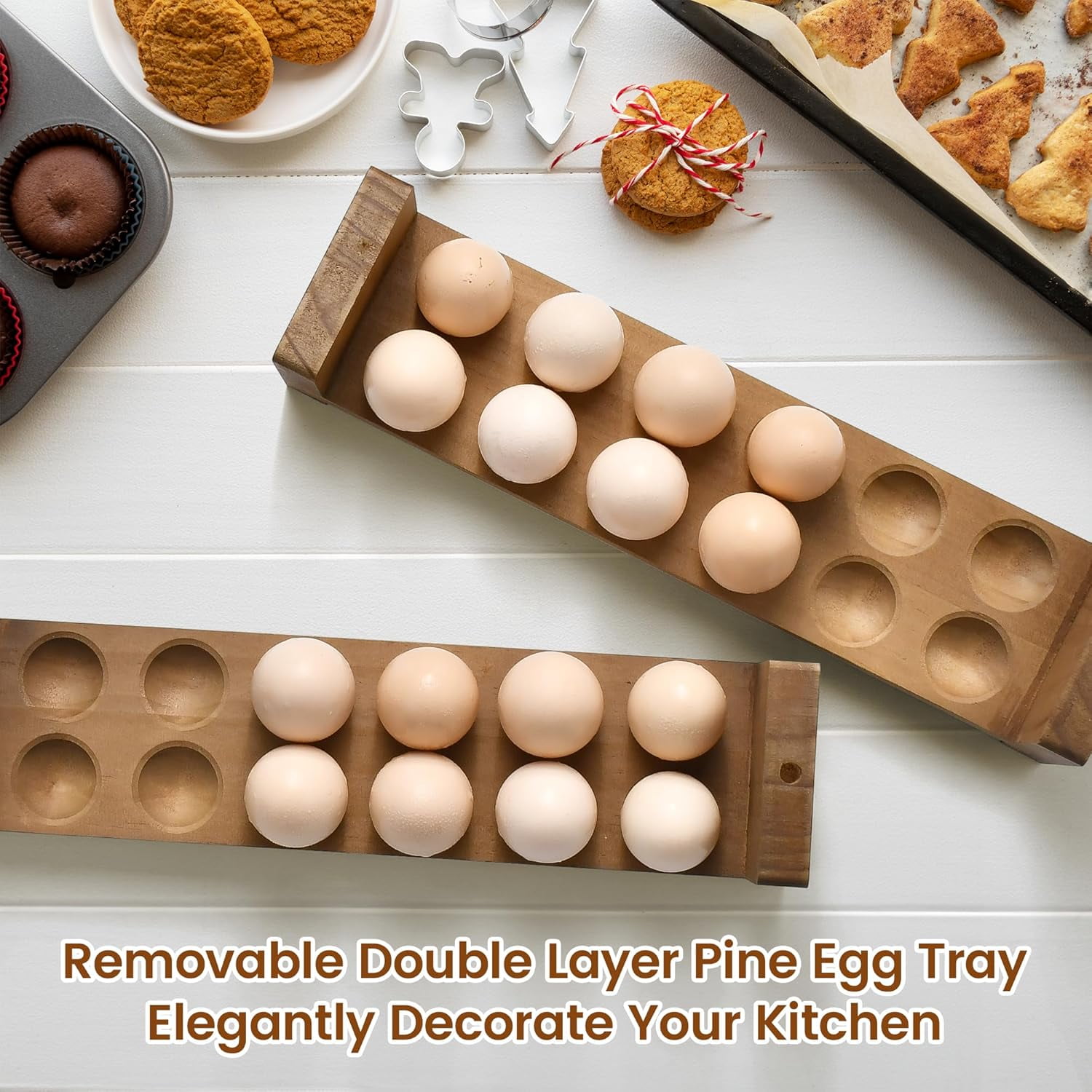 Double Layer Wooden Egg Tray Holder - Stackable Countertop Egg ...