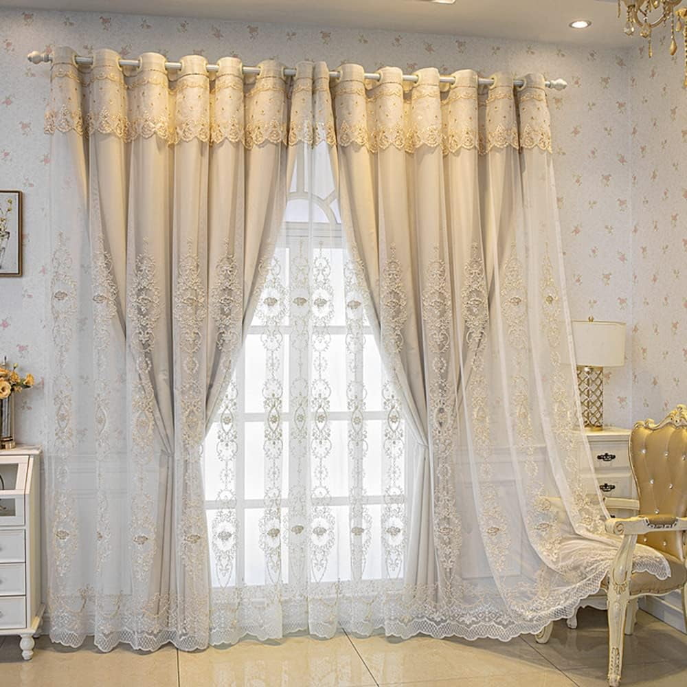 Double Layered Room Darkening Curtains with Embroidered Sheer Overlay ...