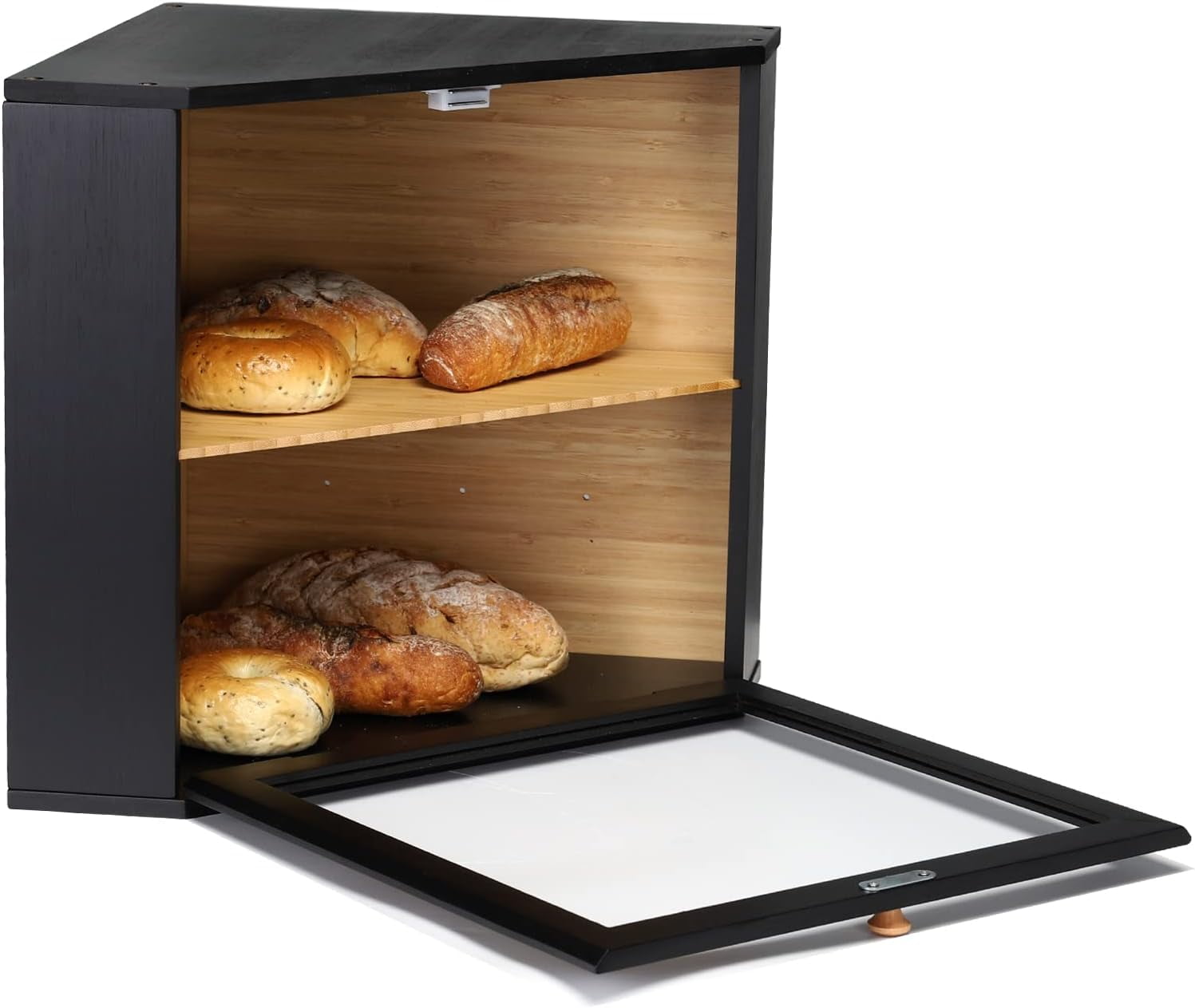 Double Layers Bamboo Corner Bread Box for Kitchen Counter, Wooden Large ...