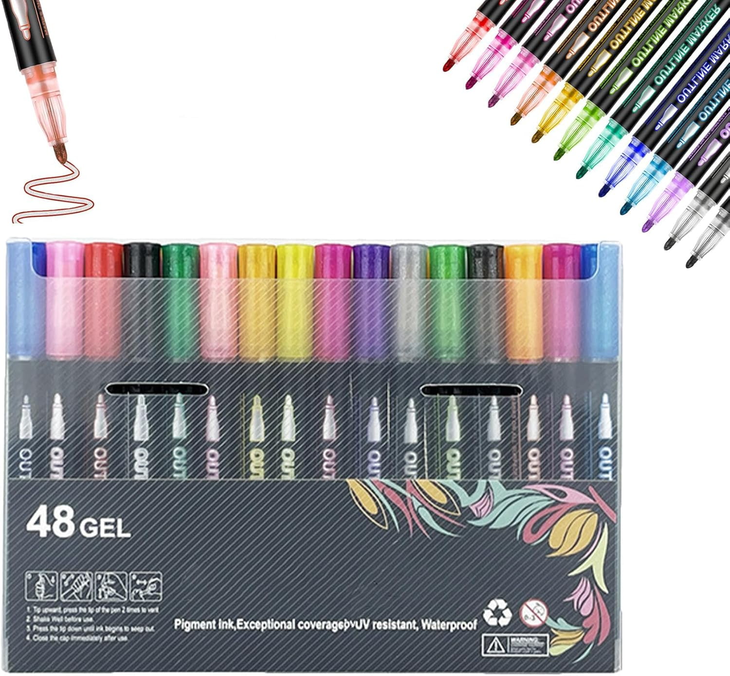 Double Line Markers Glitter Outline Markers, 8/12/24/36/48 Colors ...
