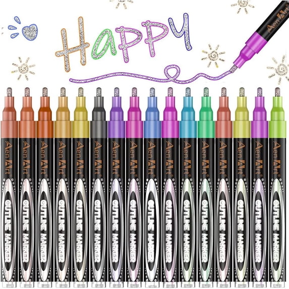 Double Line Markers Outline Pens, Squiggles Shimmer Marker Set, 16 ...