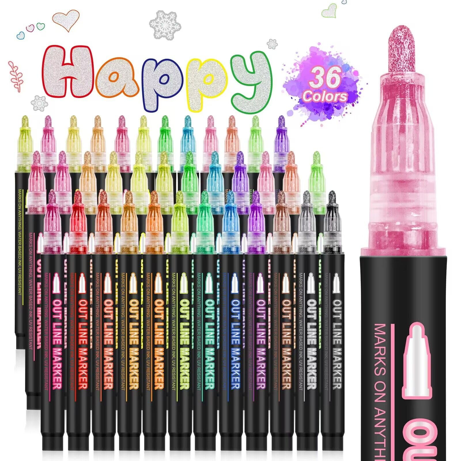 Double Line Outline Markers, 36 Colors Shimmer Markers, Self-Outline ...