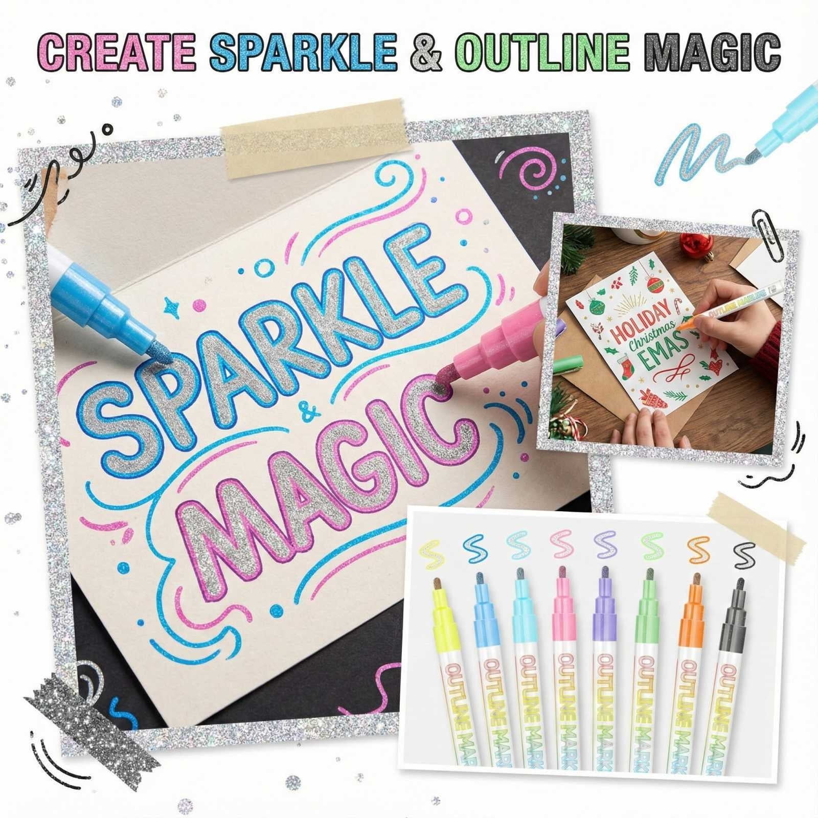 Double-Line Outline Pen, Glitter Greeting Card Pen 16Ml 8支 ...