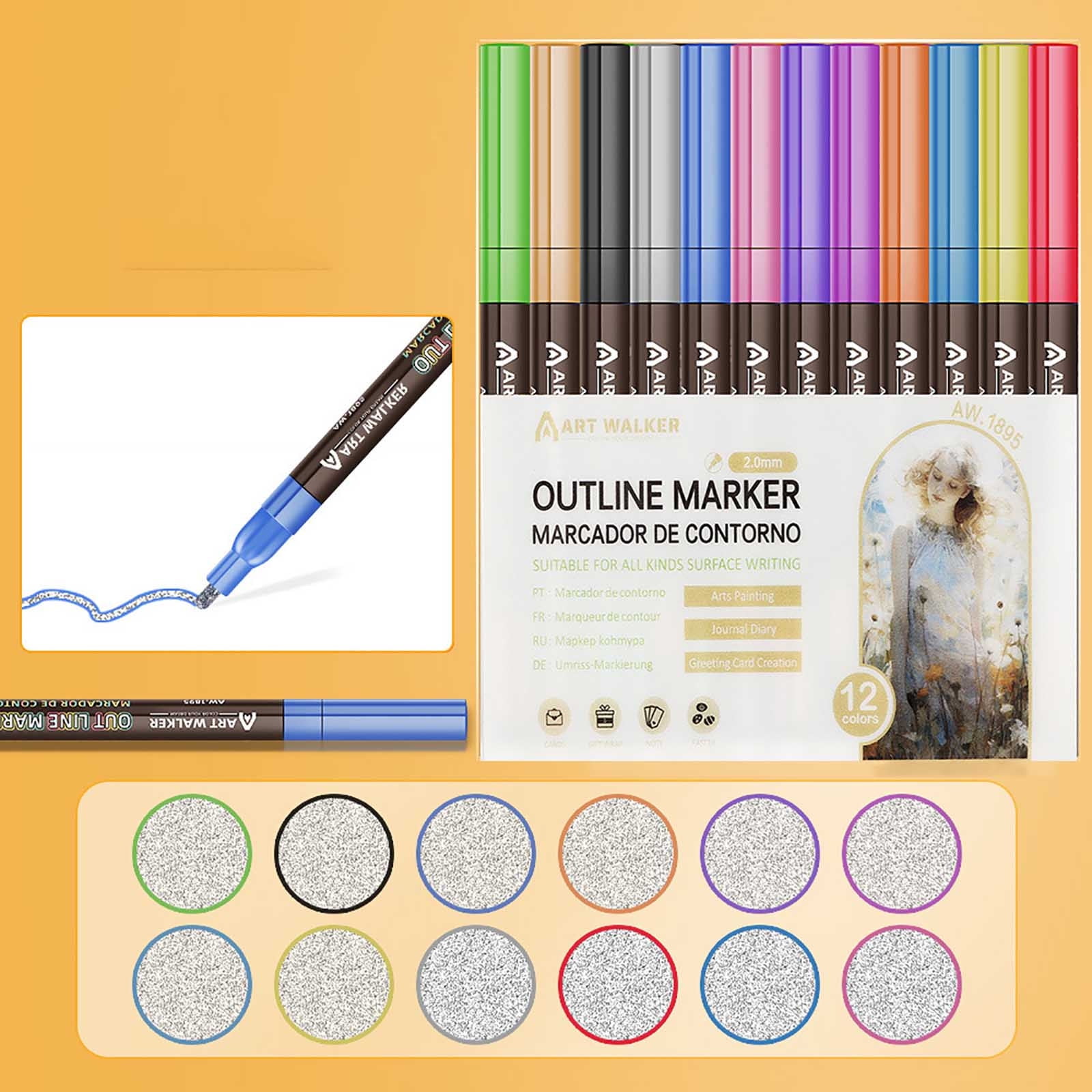 Double Line Outline Pens, 12 Colors Self-outline Metallic Markers ...