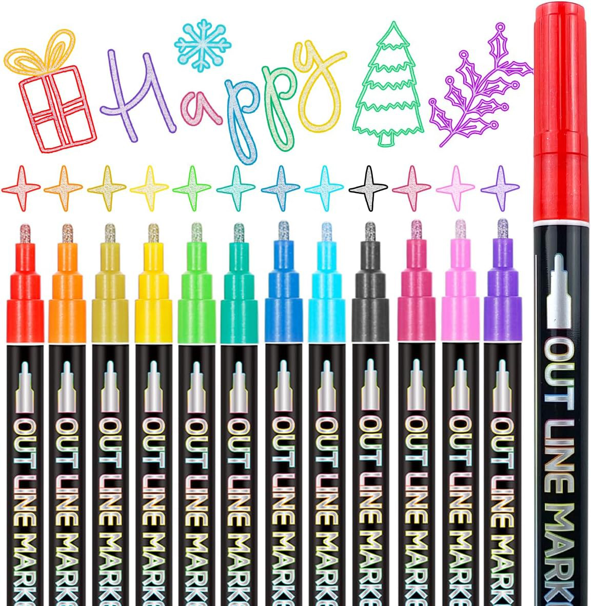 Double Line Shimmer Outline Markers Set, 12 Colors Metallic Glitter ...