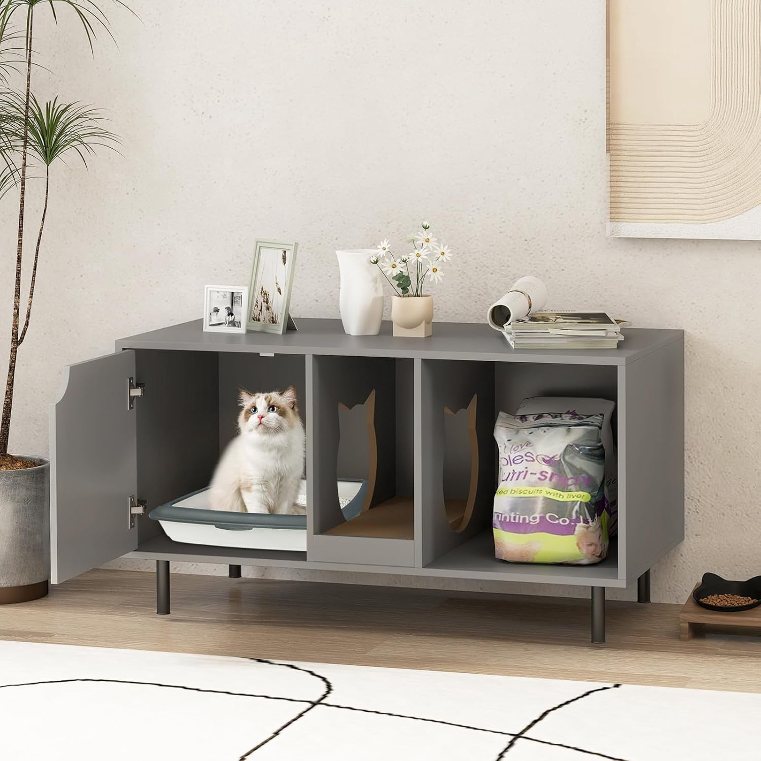 Double Litter Box Enclosure 40 Inch Hidden Washroom with Detachable ...