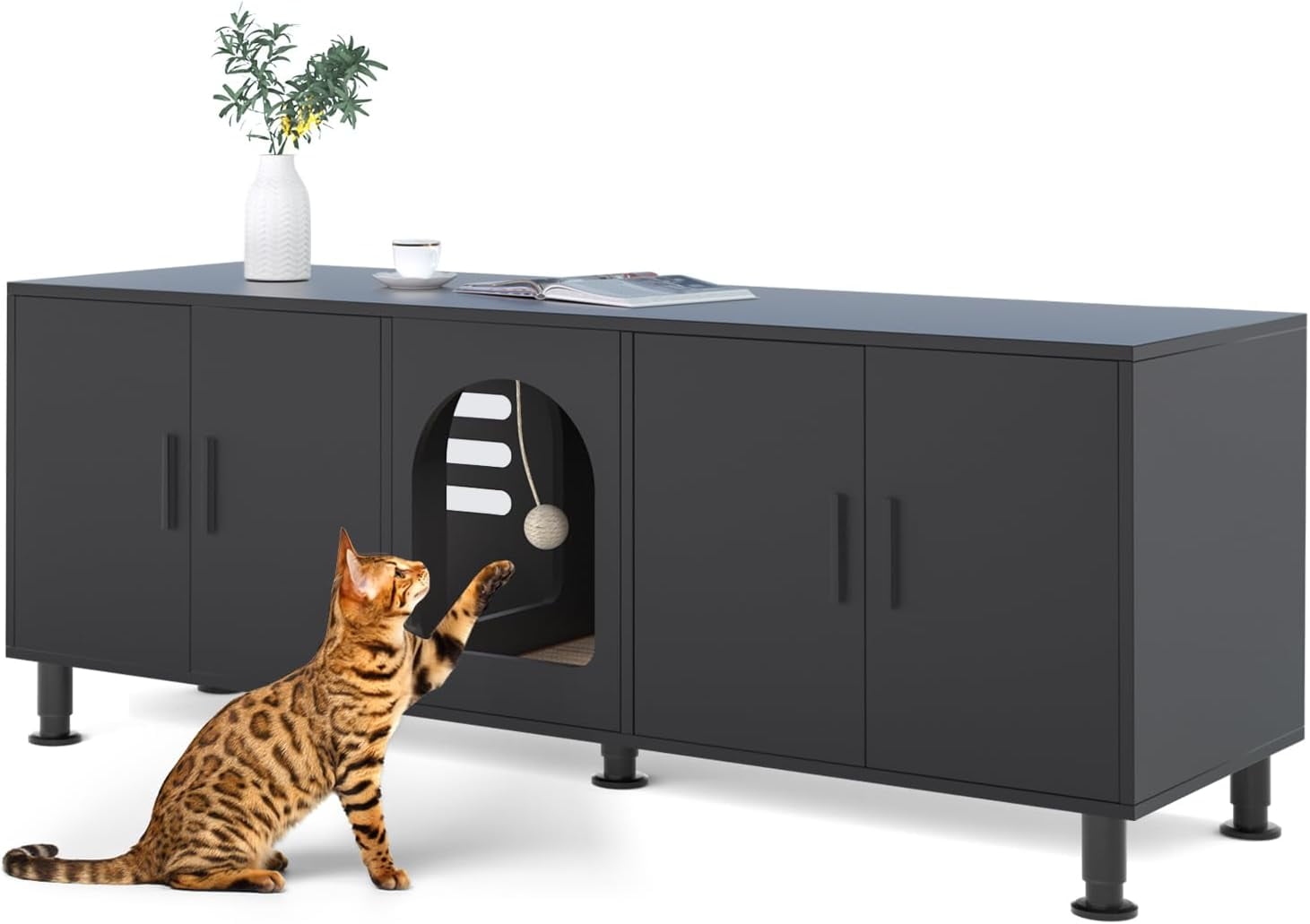 Double Litter Box Enclosure with Cat Scratch Mat & Motion Sensor Light ...