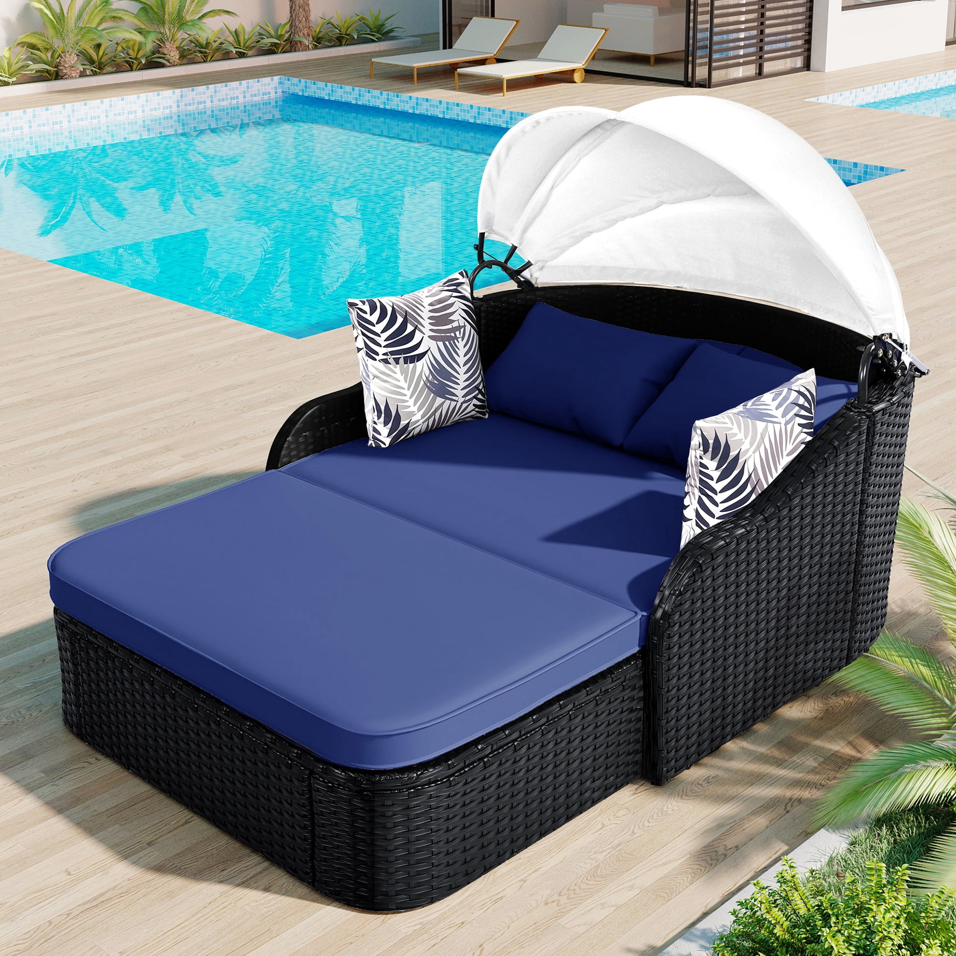 Double Lounge Sunbed With Adjustable Canopy And Pillow - Black Blue ...