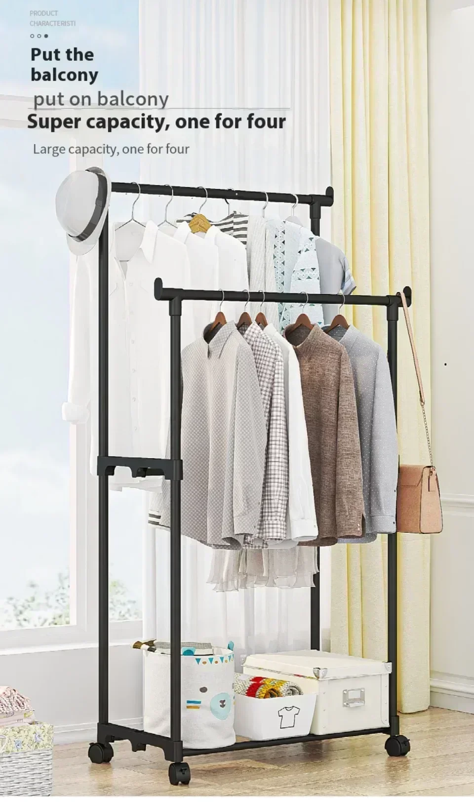 Double Mobile Hanger Rack Simple Clothes Rack Bedroom Floor Telescopic ...