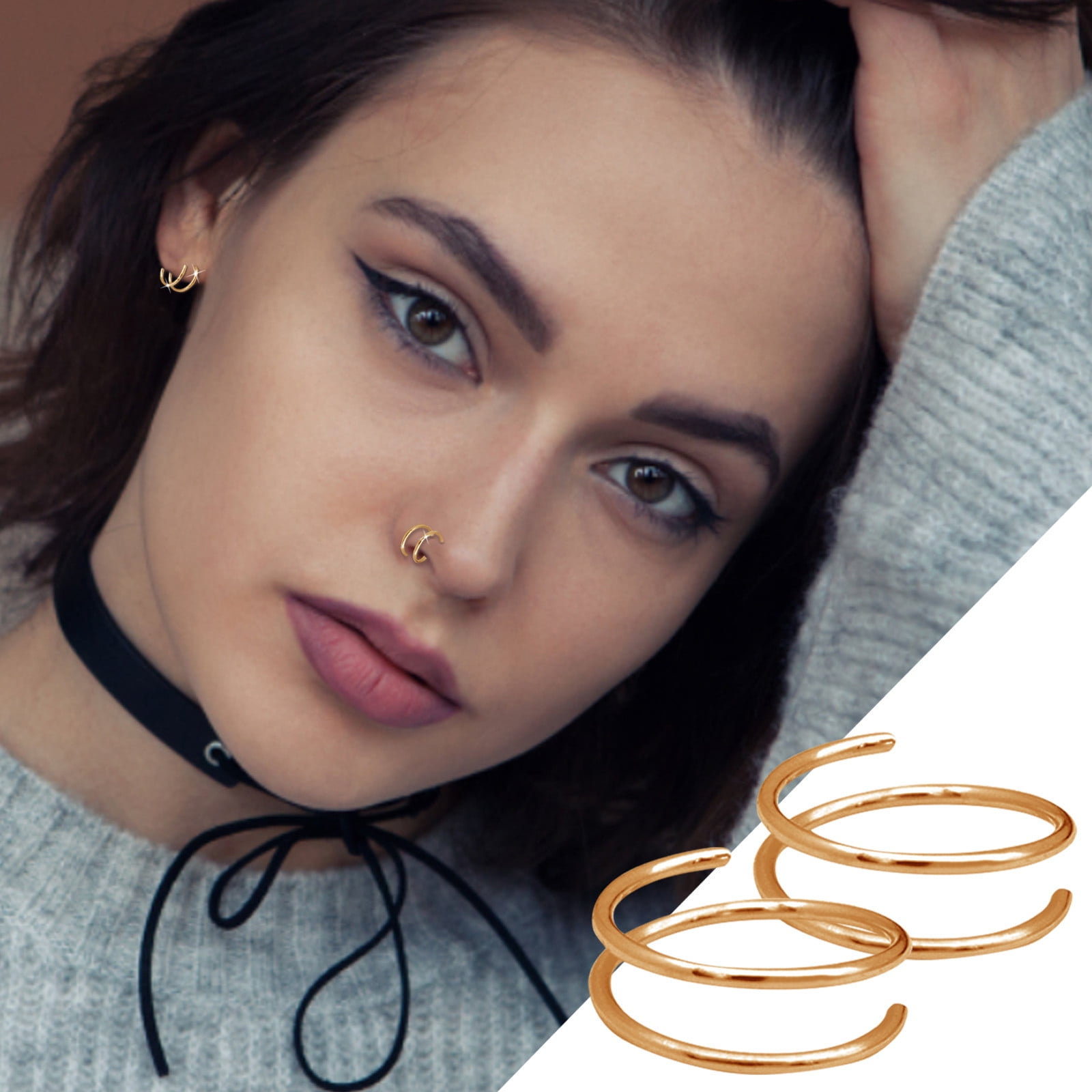 Double Nose Hoop Ring For Piercing Nose Hoop, Nose Ring Hoop For Women, Spiral Nose Hoop For ...