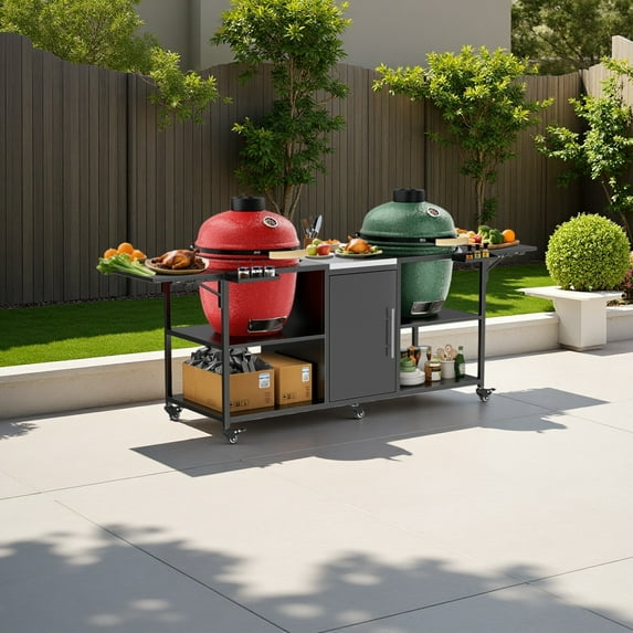 Double Outdoor Grill Cart for 2 Big Green Egg - Metal Table Compatible ...