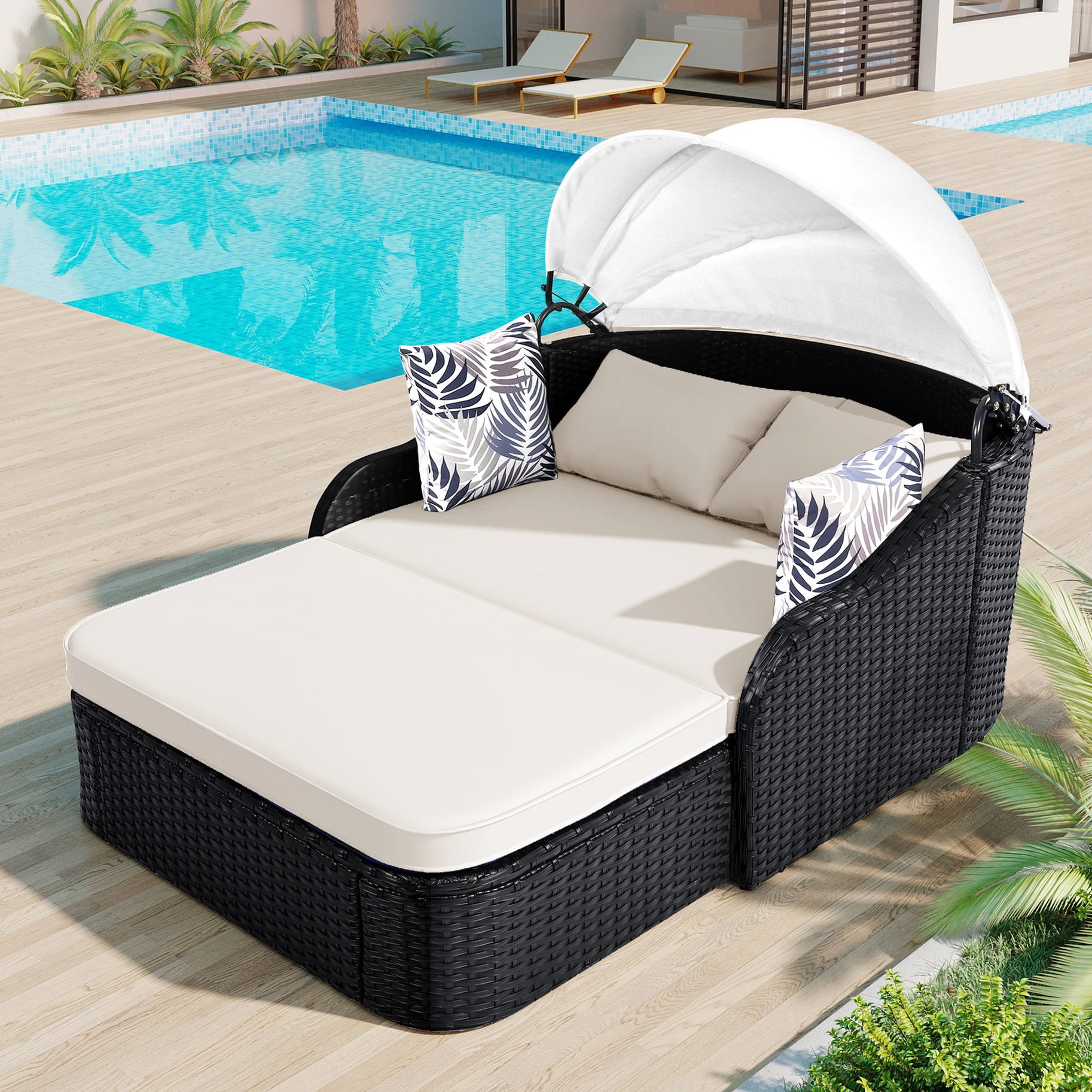Double Outdoor Lounge | Adjustable Canopy Blocks Sunlight | Wicker ...