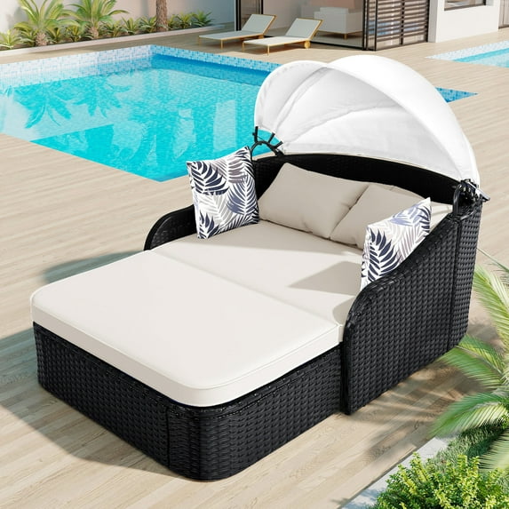 Double Outdoor Lounge | Adjustable Canopy Blocks Sunlight | Wicker ...