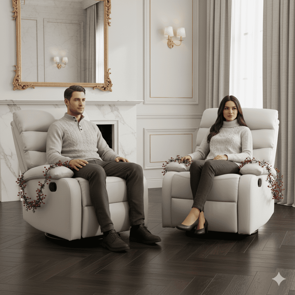 Double Pack Beige Genuine Leather Recliners, Compact Rocking & Swivel ...