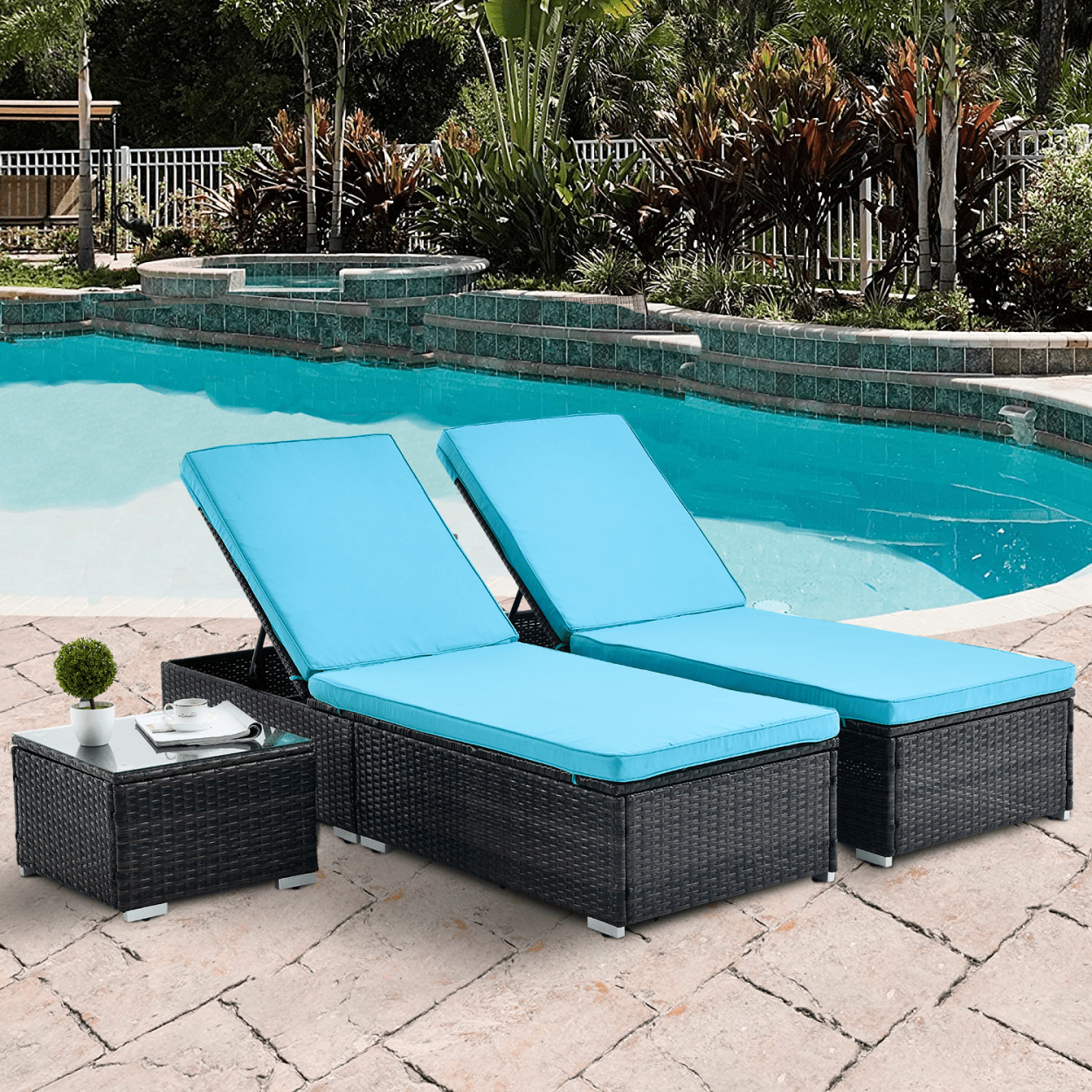 Double Patio Chaise Lounge Chairs with Side Table, PE Rattan Wicker ...